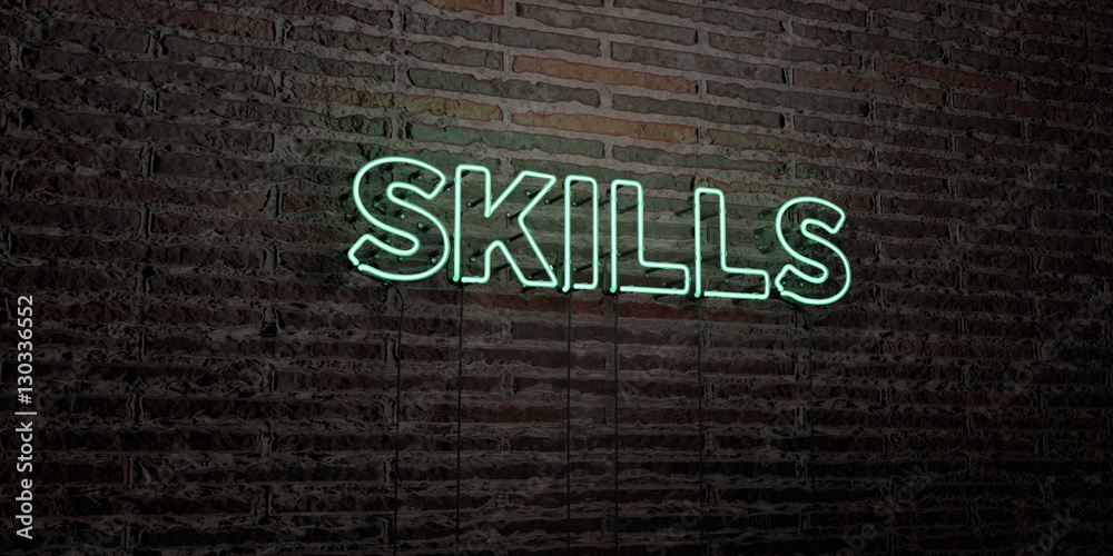 SKILLS -Realistic Neon Sign on Brick Wall background - 3D rendered ...