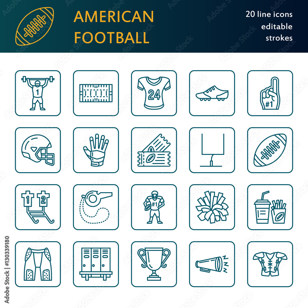 Vector line icons of american football game. Elements - ball, field ...