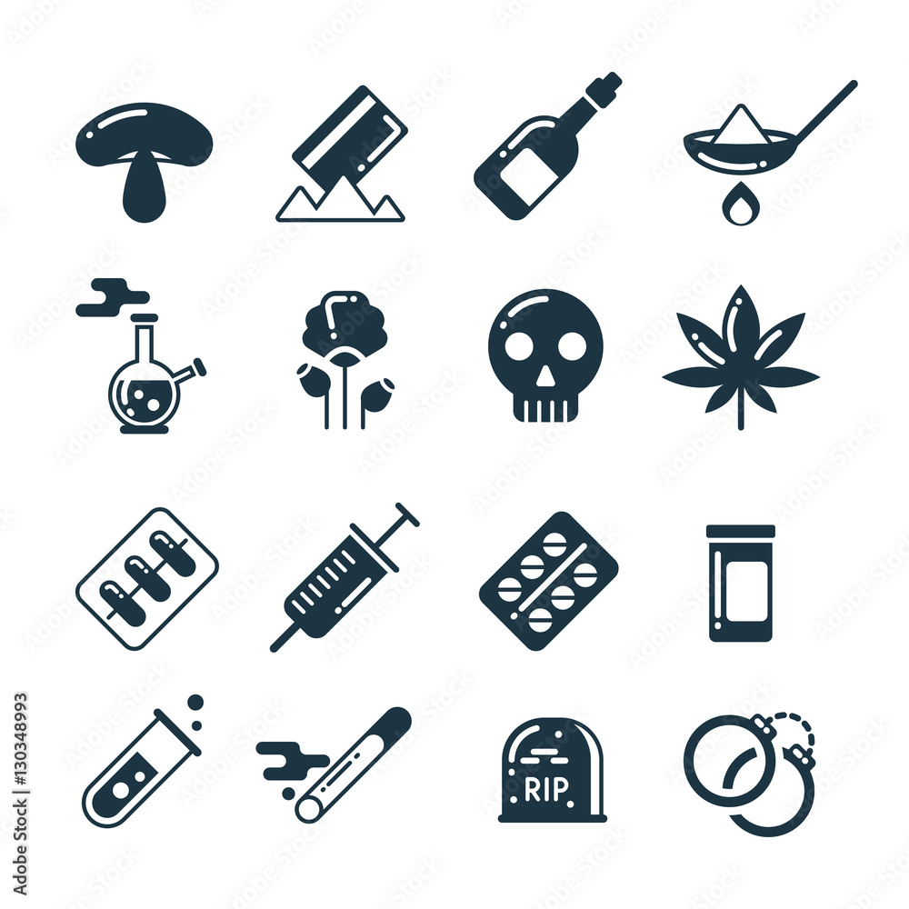 Drugs, alcohol, pills, tablet, narcotic abuse vector icons Stock Vector ...