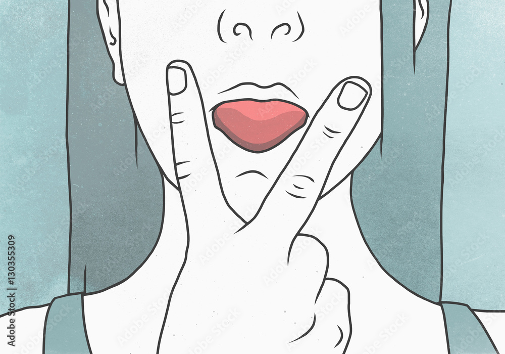 Illustration Of Woman With V Sign Against Face Representing Obscene