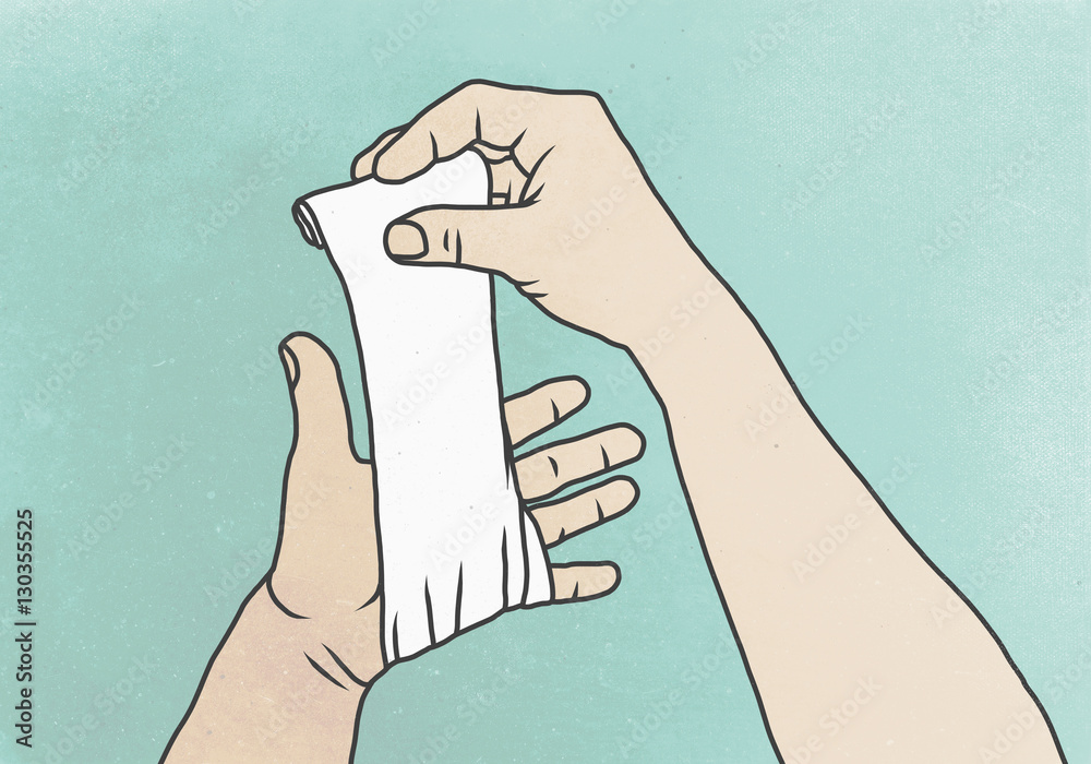 Illustration of hand wrapping bandage on palm against colored ...