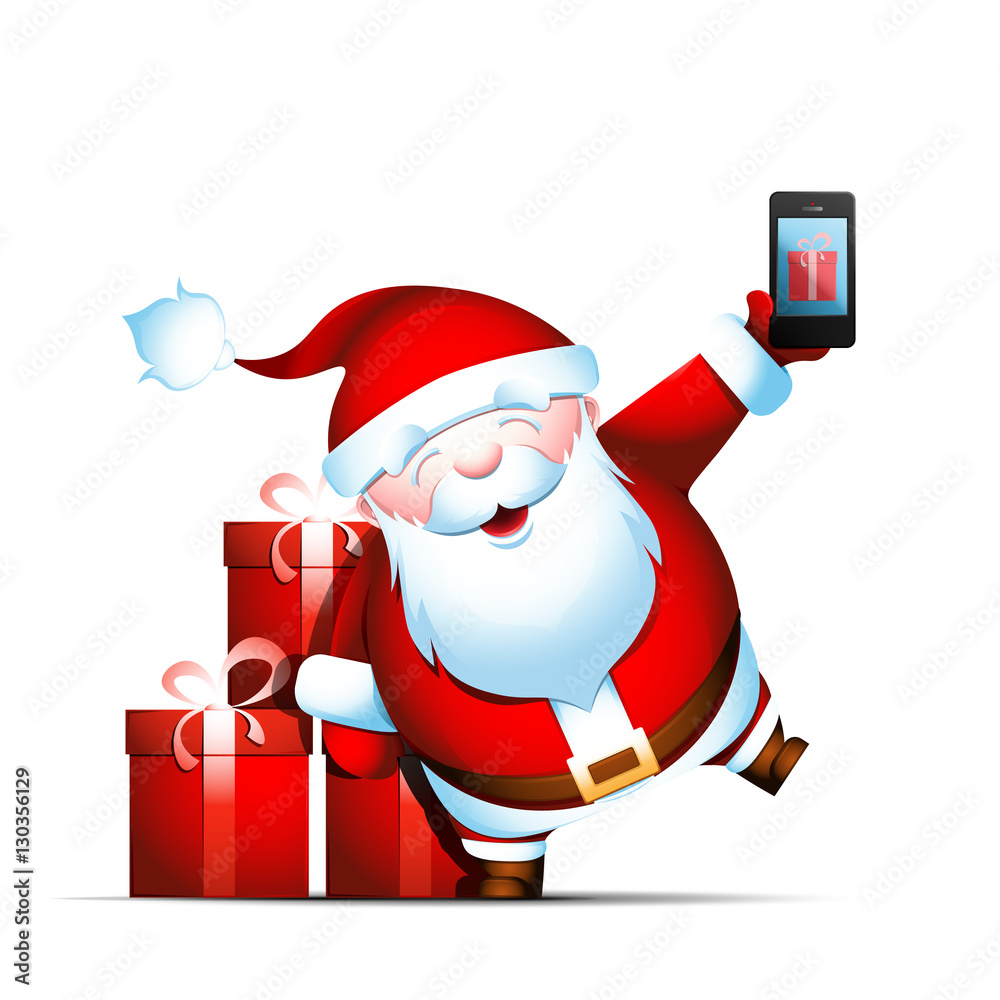 Santa Claus holds smartphone in his hand. Phone with gift box on screen ...