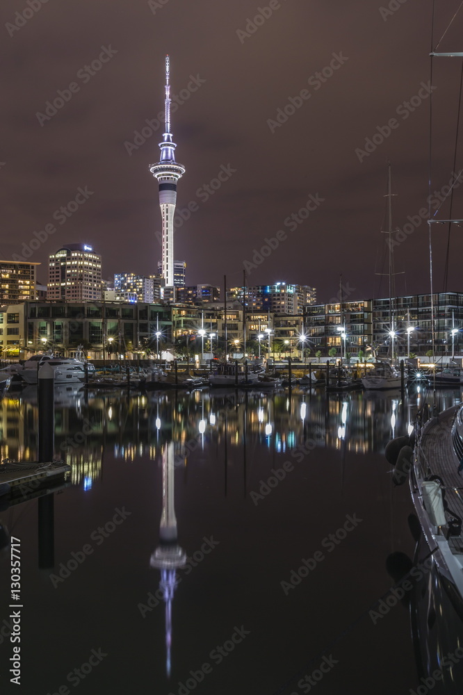 Night view of the city of Auckland from Auckland Harbour, North Island ...