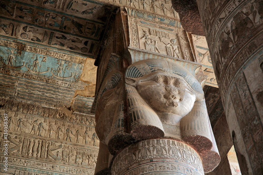Pillars decorated with face of the Egyptian goddess Hathor in Dendera ...