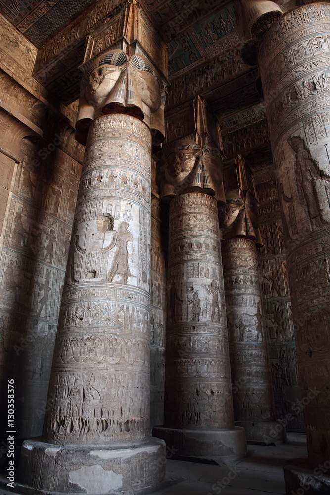 Pillars decorated with face of the Egyptian goddess Hathor in Dendera ...