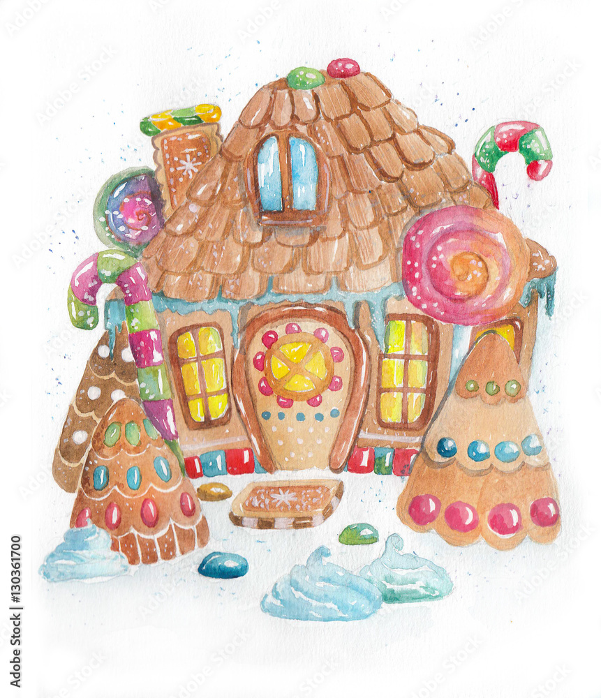 Watercolor hand drawn colorful gingerbread house Stock Photo | Adobe Stock