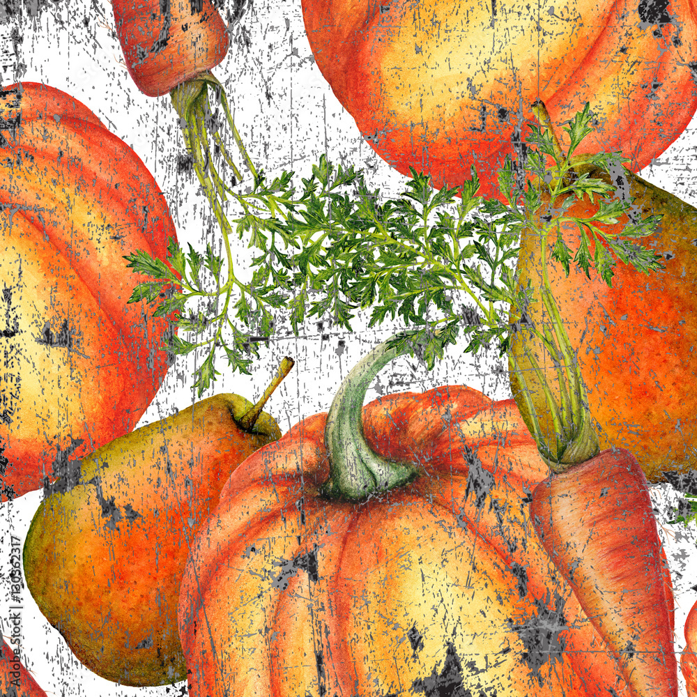 Grunge background with fruits and vegetables Stock Illustration | Adobe ...