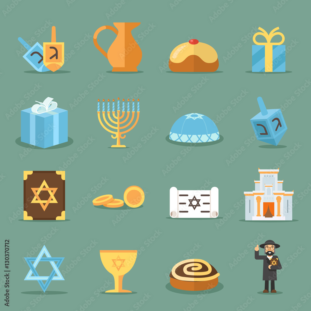 Jewish flat icons. Israel and judaism vector symbols with rabbi, torah ...