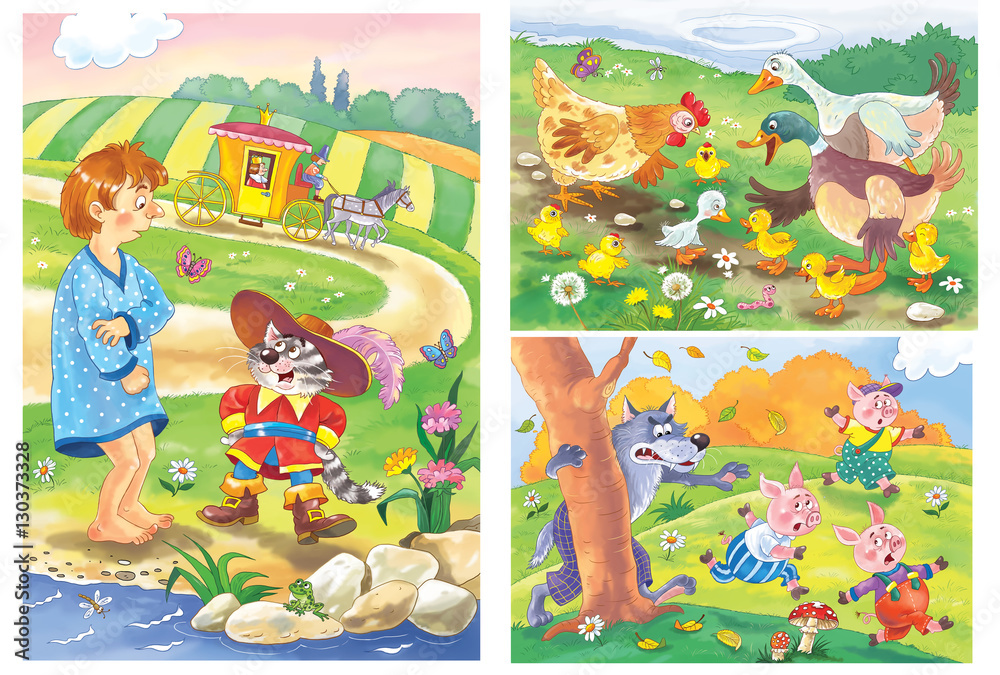 Collection of fairy tale pictures. Ugly duckling. The three little pigs ...