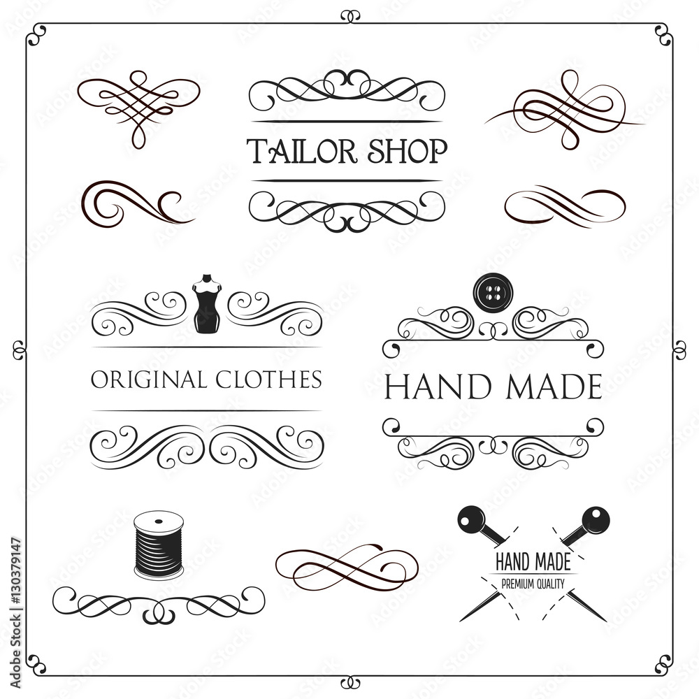 Set of vintage monochrome tailor tools and emblems. Designer toolkit ...