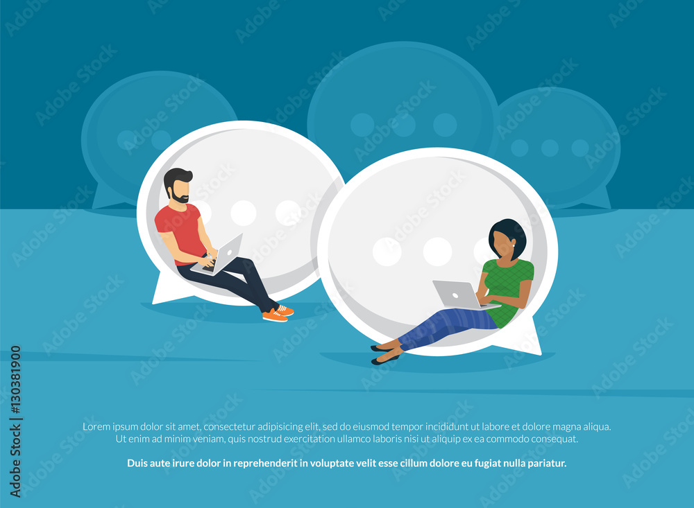 Chat talk concept illustration of young people using laptops for ...