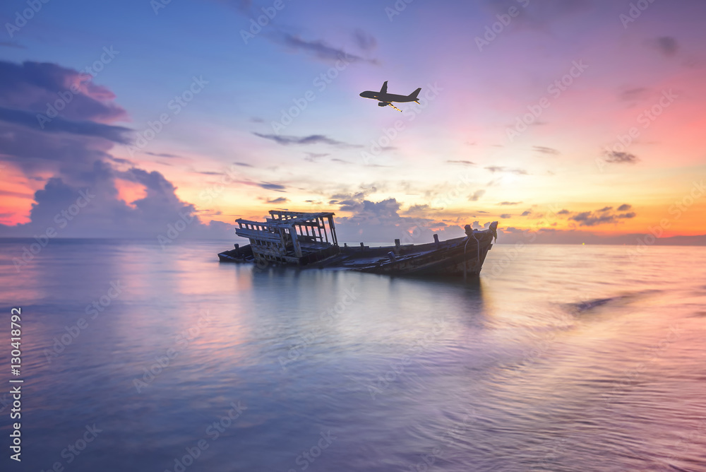 Wreck fishing boat next to the beach, Thailand U-Tapao Airport. Wrecked ...