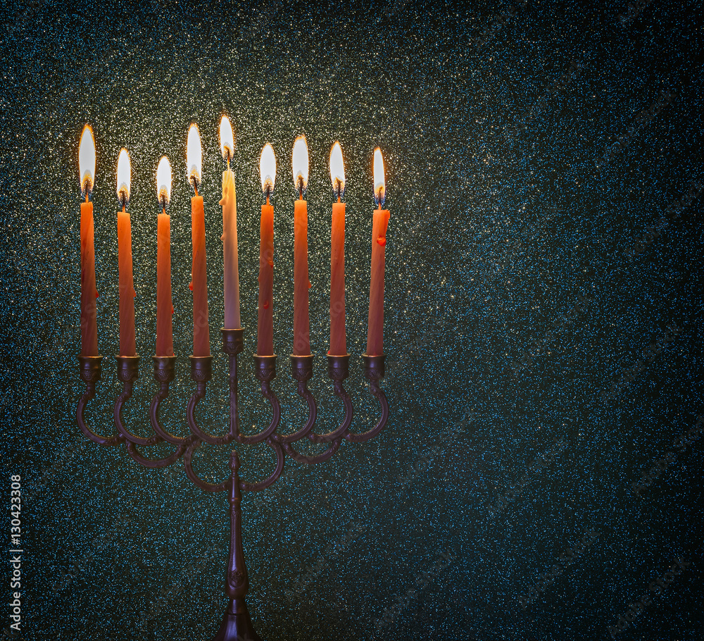 Menorah is a major traditional Jewish symbol for Hanukkah holiday. Low ...