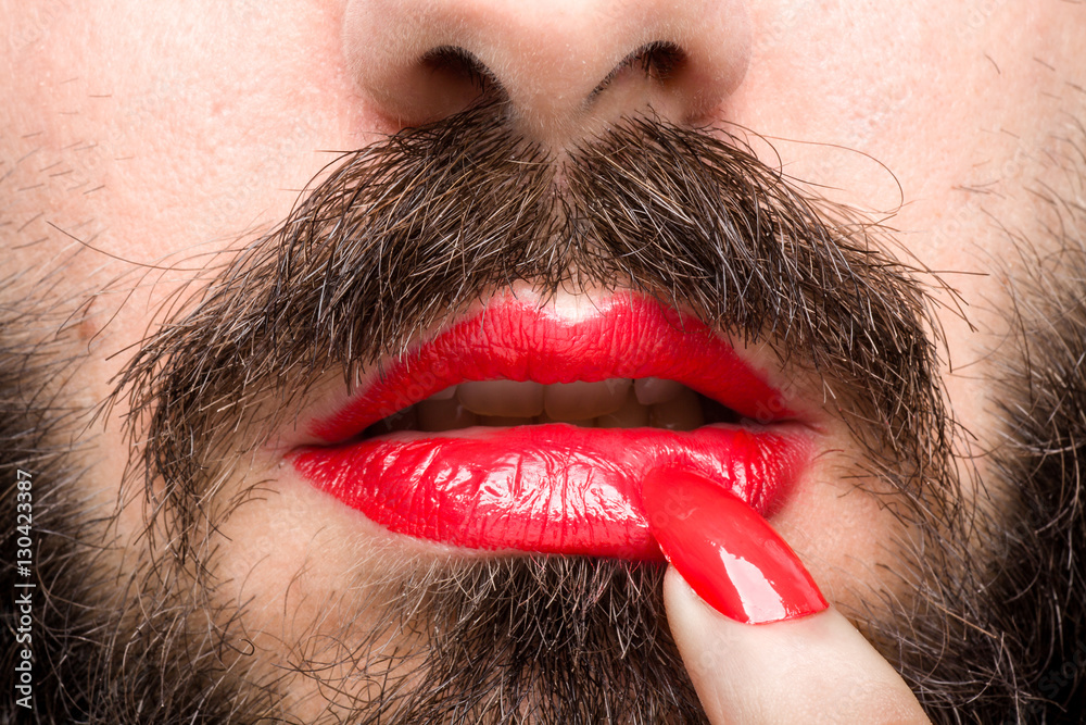 Bearded Man with Red Lipstick on His Lips and Nail Polish Stock-Foto ...