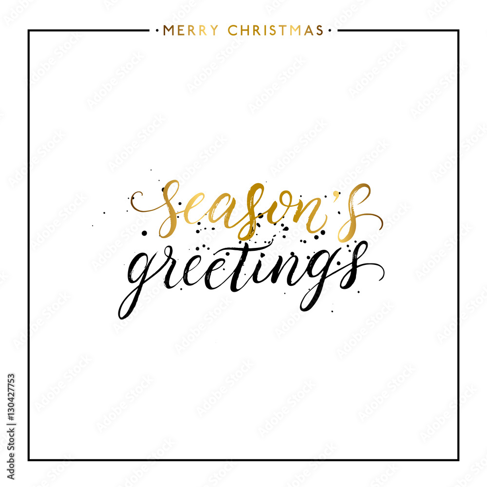 Seasons greetings gold text with black splashes isolated on white ...
