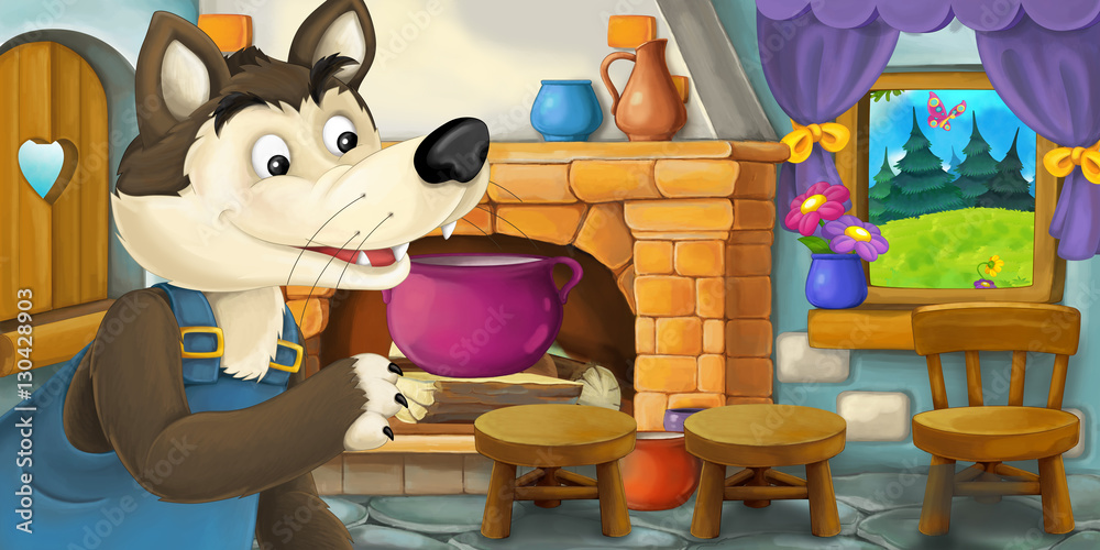 Cartoon scene with wolf in the kitchen - illustration for children ...