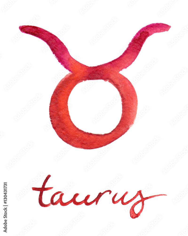 Simple symbolic orange and red watercolor Zodiac sign with hand painted ...