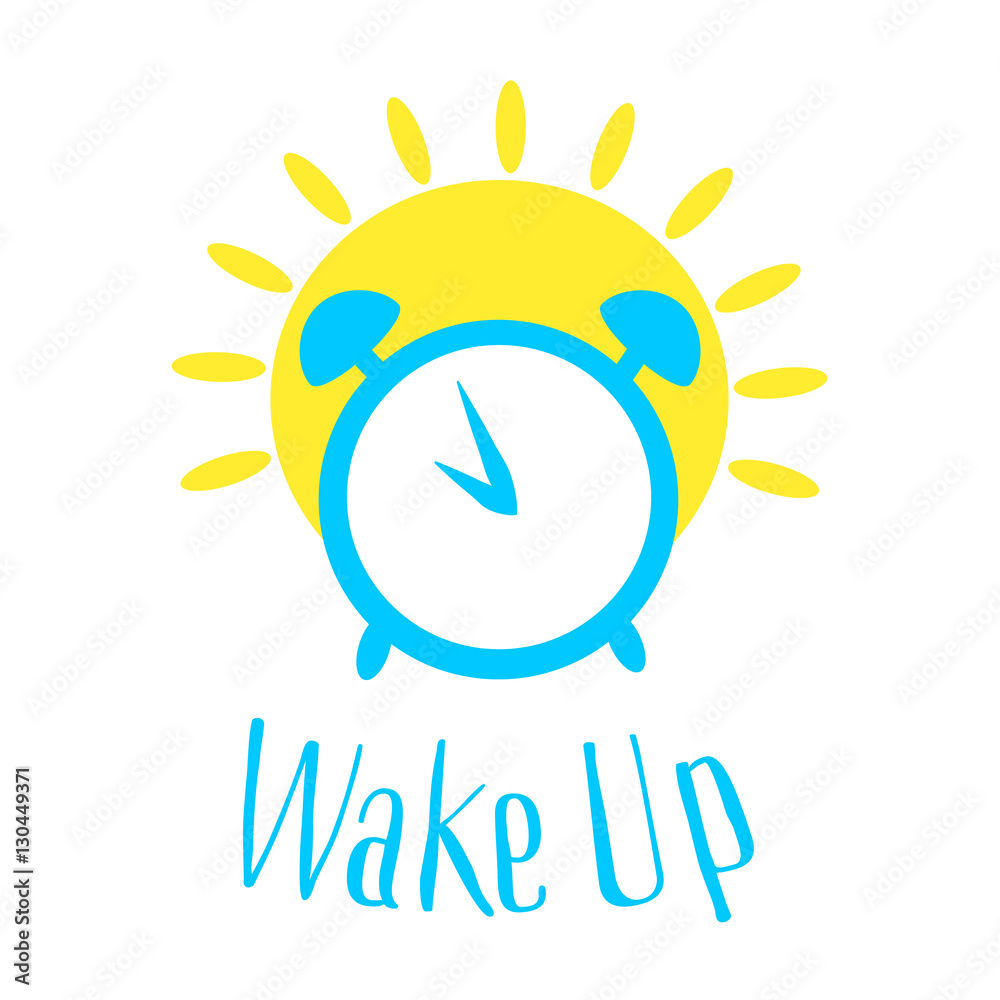 Wake up poster with alarm clock and sun. Vector illustration. Flat ...