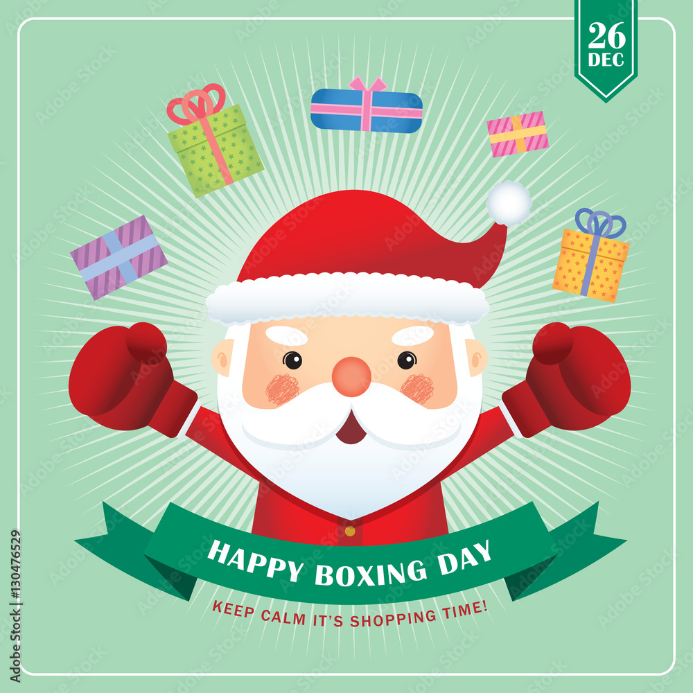 Happy Boxing Day. Cute santa claus wearing boxing gloves with gifts and ...