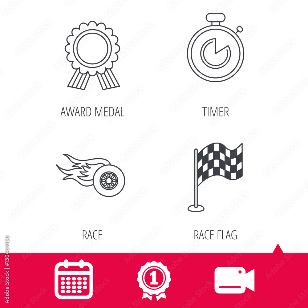 Achievement and video cam signs. Race flag, winner medal and timer ...