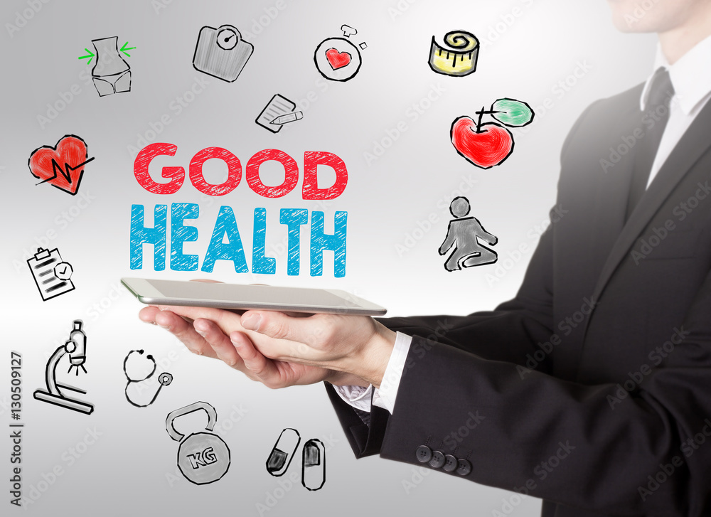 Good Health concept. Healty lifestyle background. Man holding a Stock ...