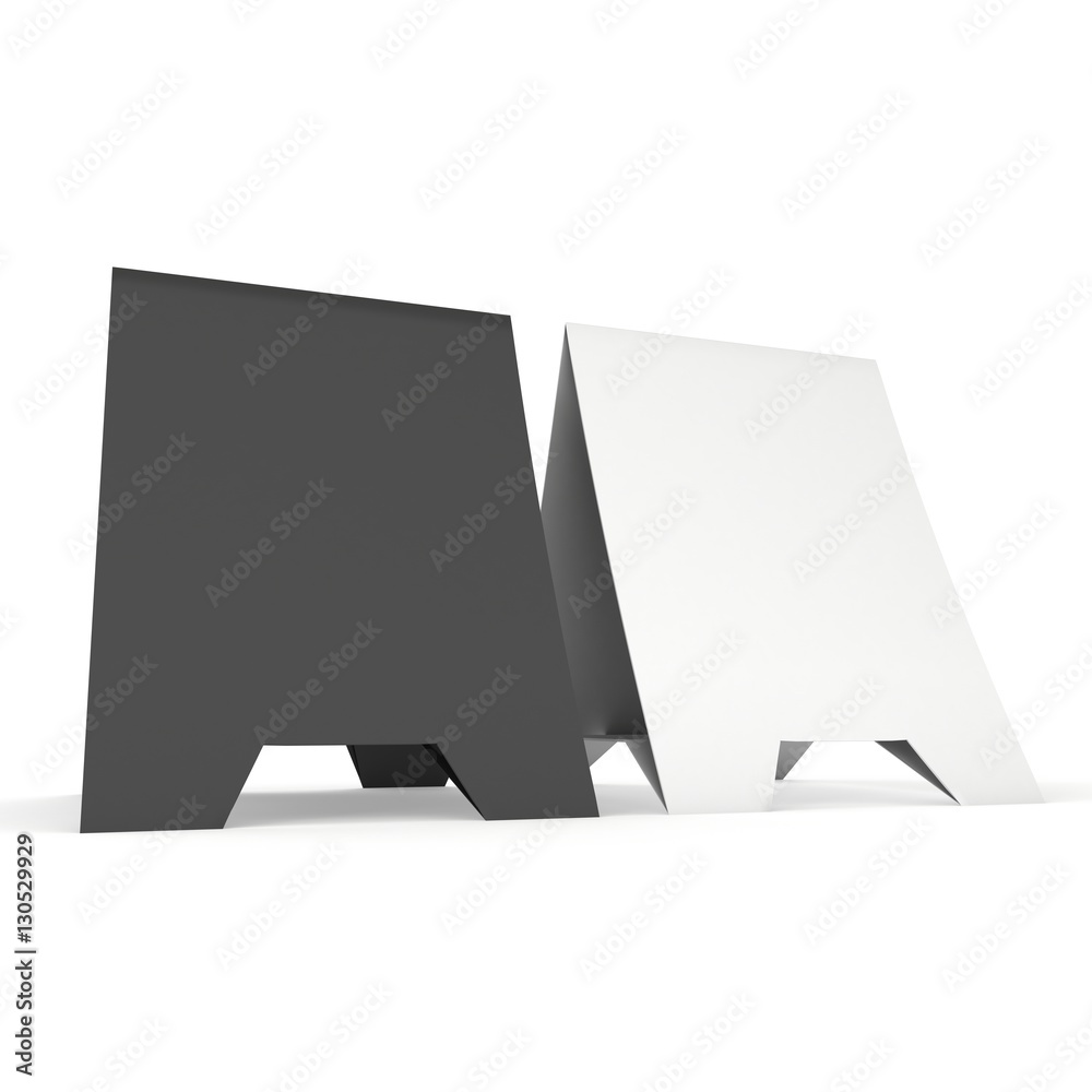 Two blank paper tent cards. 3d render illustration isolated. Table ...