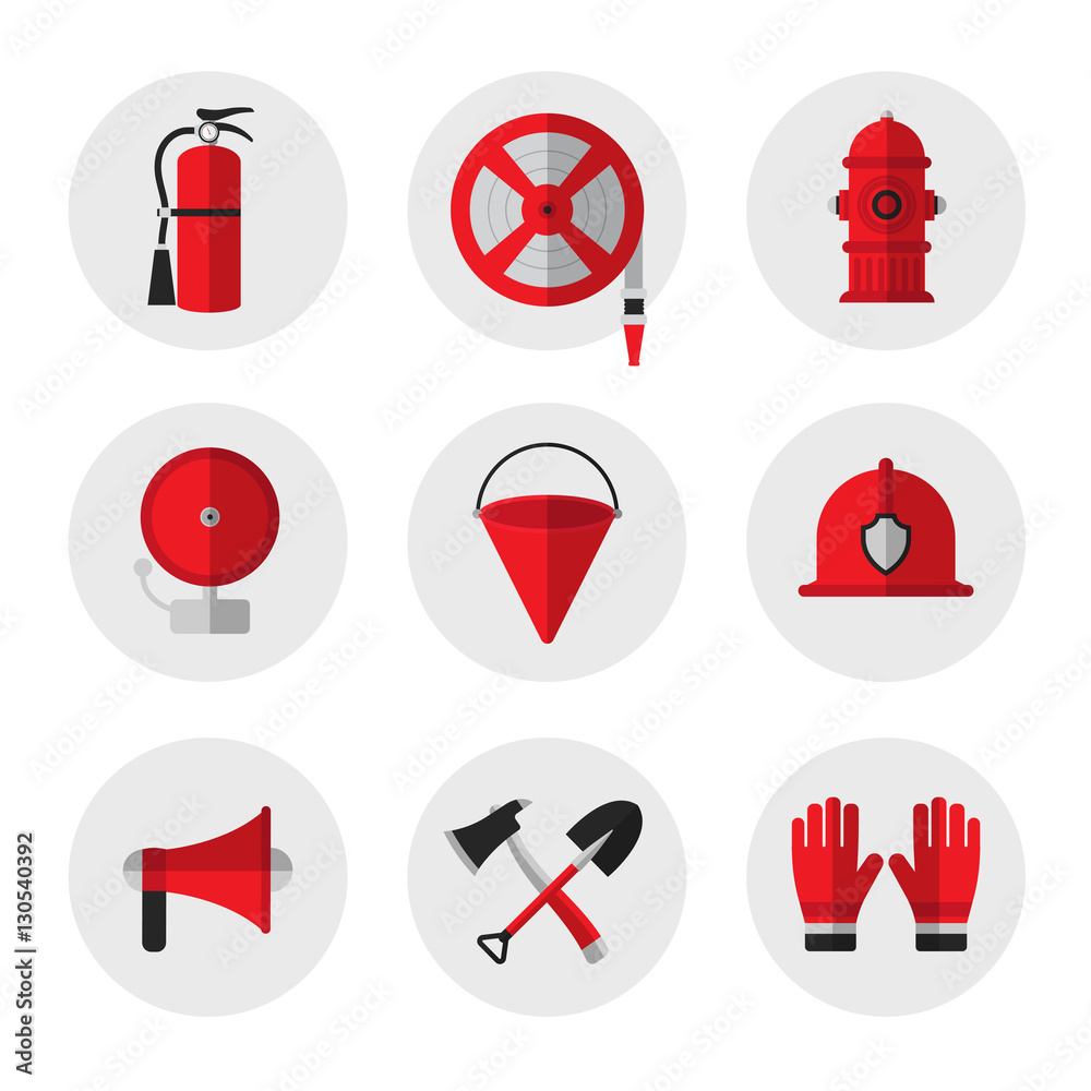 Firefighting and fire safety equipment flat icons. Fire extinguisher ...