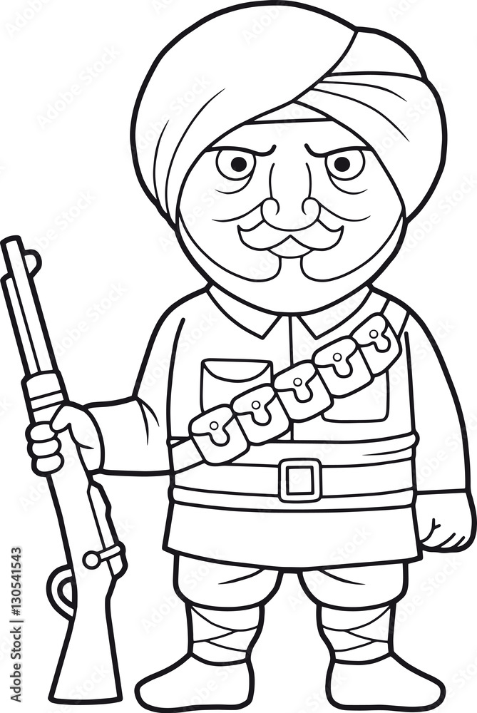Cartoon Indian soldier stands guard with a rifle in his hand Stock ...