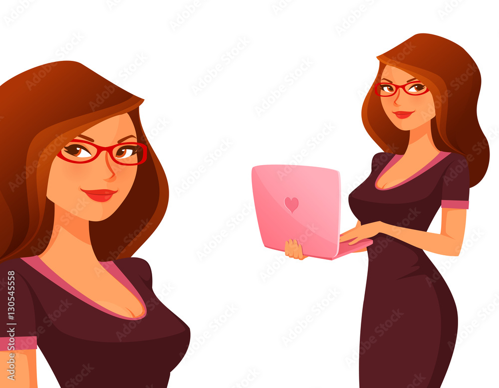 cute cartoon girl with pink laptop vector de Stock | Adobe Stock