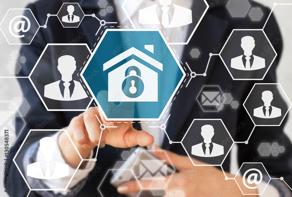 Businessman presses smart home icon with lock. Businesswoman touched ...