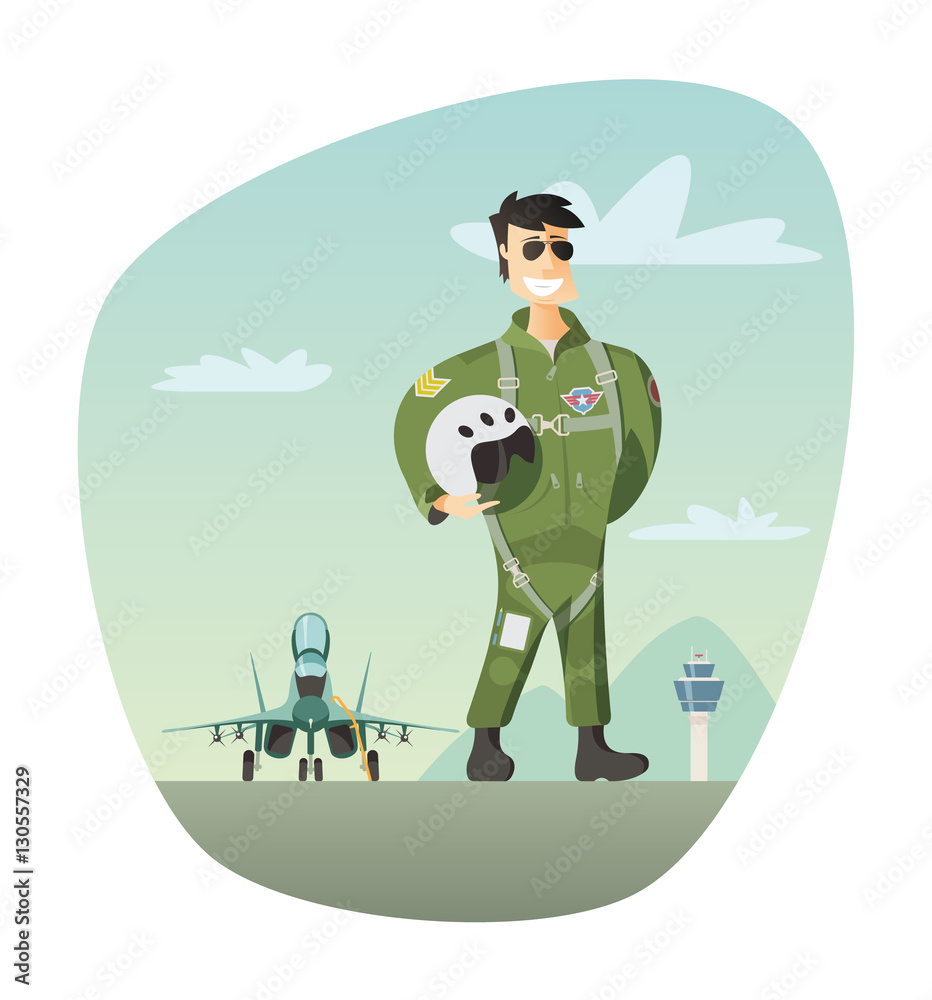 Military pilot and fighter jet in background Stock Vector | Adobe Stock