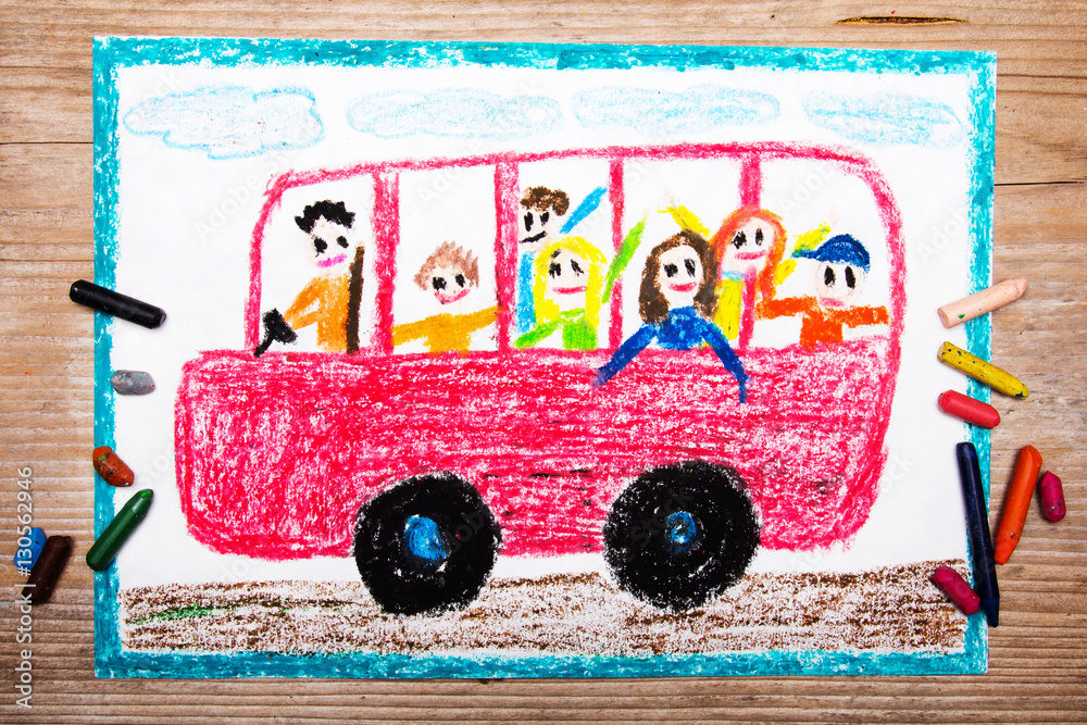 Colorful drawing - red school bus with happy children inside Stock ...