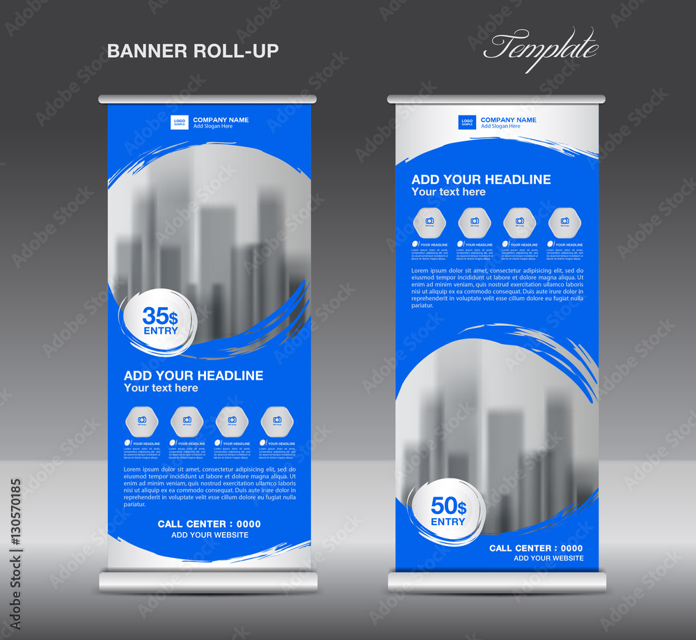 Blue Roll up banner template vector, flyer, advertisement, x-banner ...