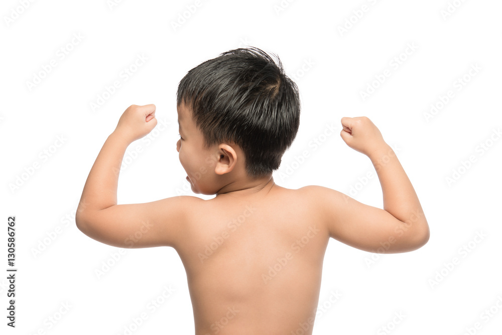 Rear view of muscular young boy showing back, biceps muscles Stock ...