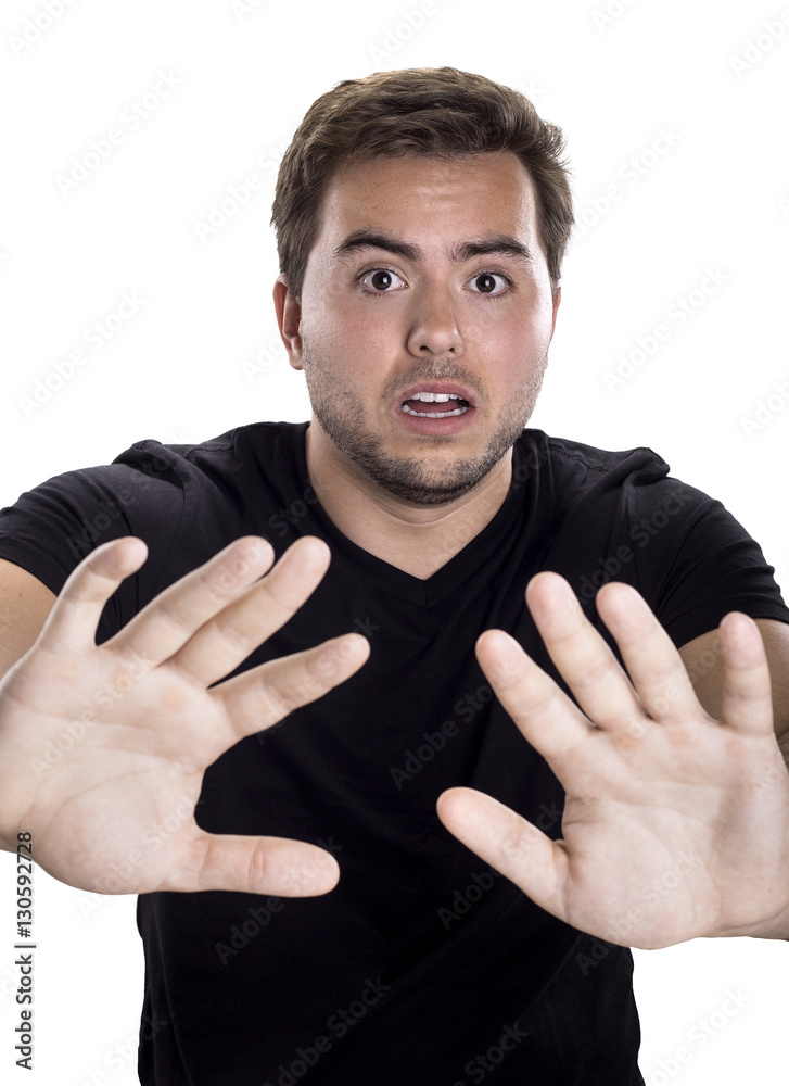 Man holding up hands as a stop gesture on a white background Stock-Foto ...