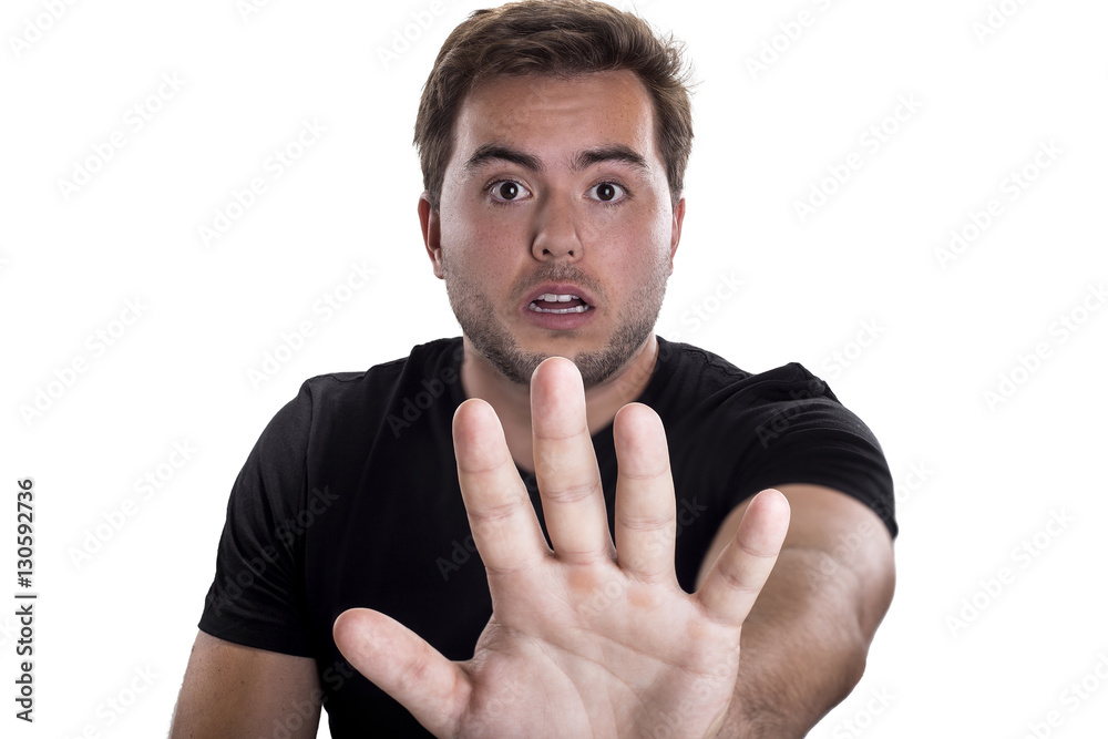 Man holding up hands as a stop gesture on a white background Stock 写真 ...
