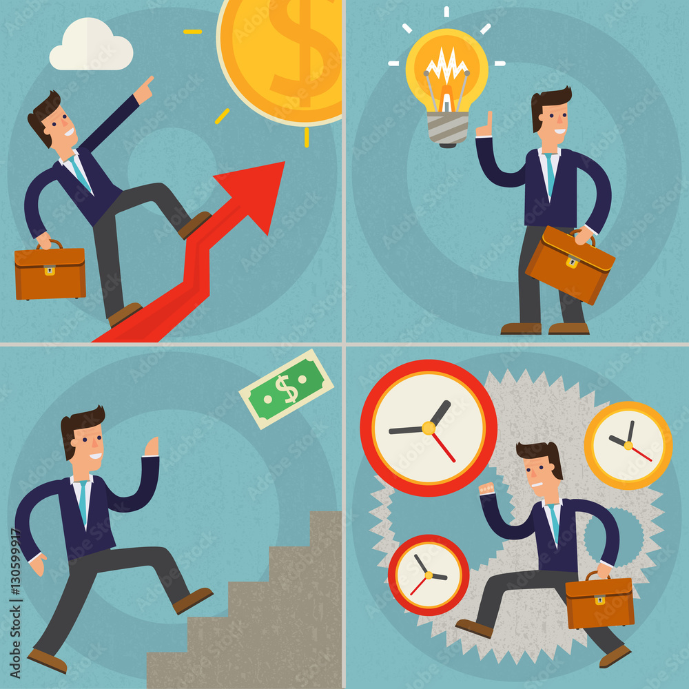 Four Illustrations of Cartoon Character Successful Businessman Stock ...