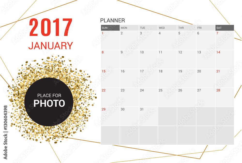 January Planner Calendar Template 2017 year.Week starts Sunday.Vector ...