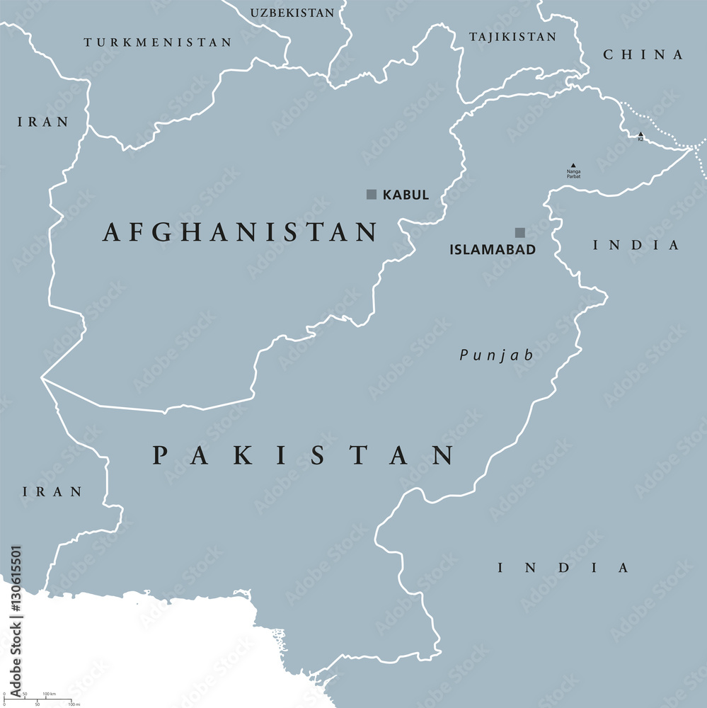 Afghanistan and Pakistan political map with capitals Kabul and ...