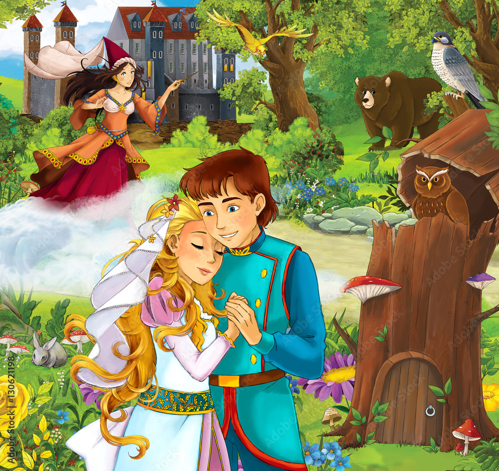 Cartoon scene with beautiful prince and princess in front of some ...