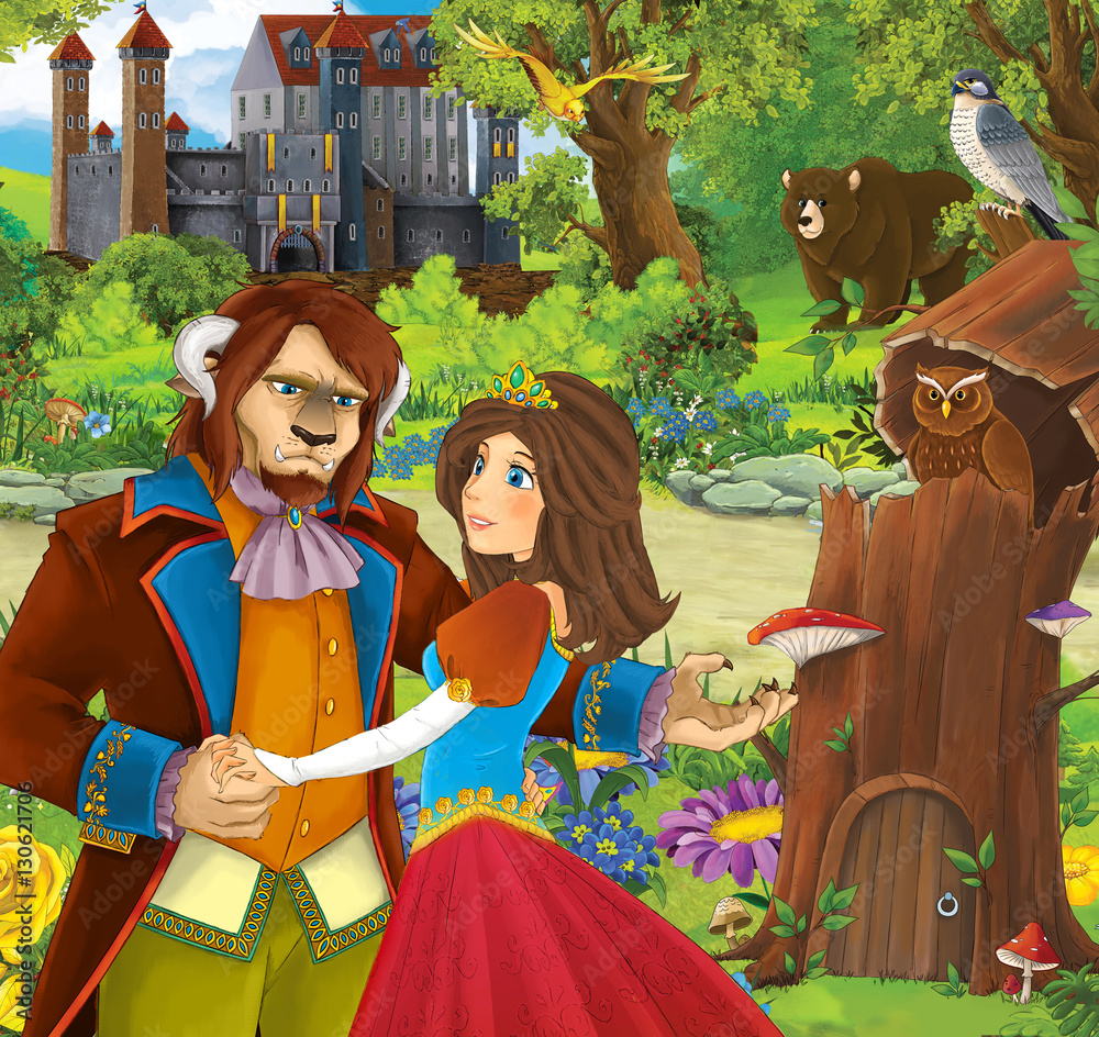 Cartoon scene with beautiful prince and princess in front of some ...