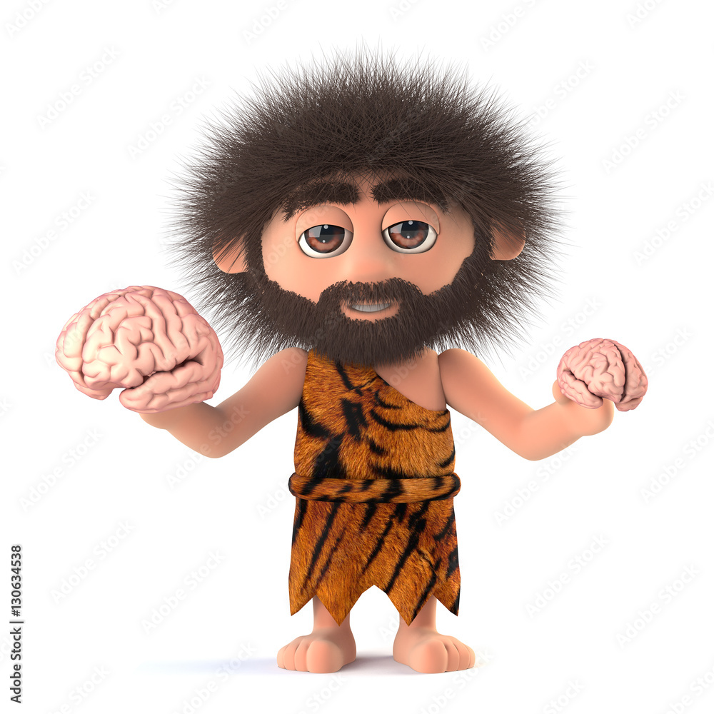 3d Funny caveman compares two human brains Stock Illustration | Adobe Stock