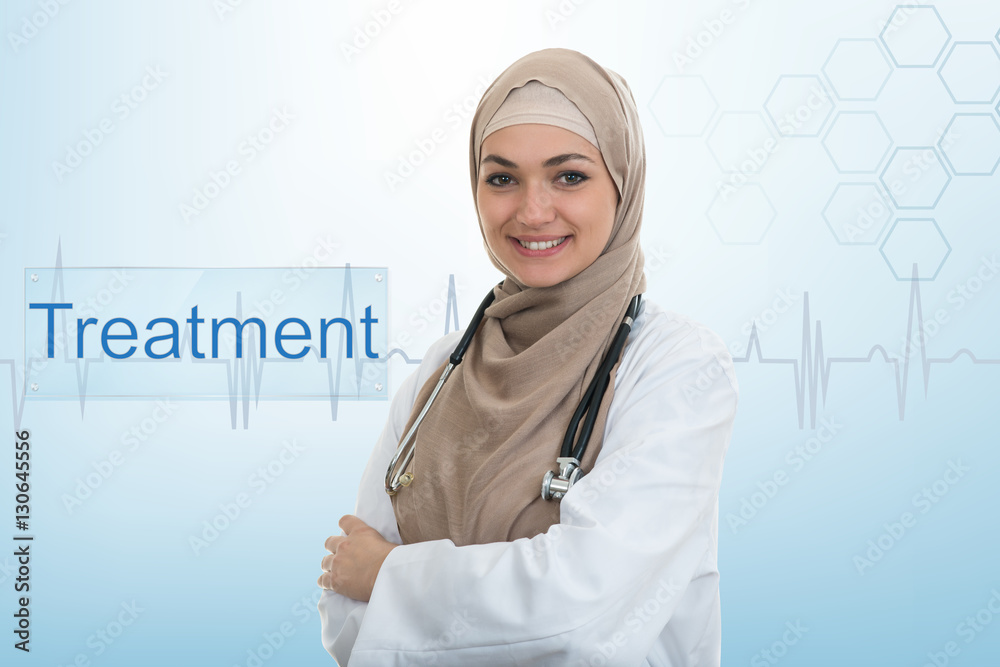 Closeup portrait of friendly, smiling confident muslim female doctor ...