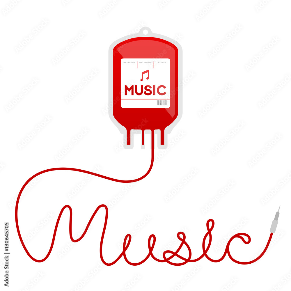 Blood bag type music red color and music text made from cord ...