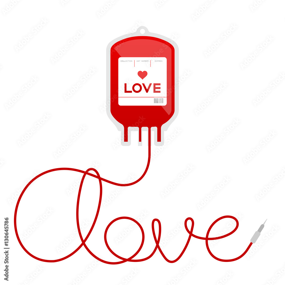 Blood bag type love red color and love text made from cord illustration ...