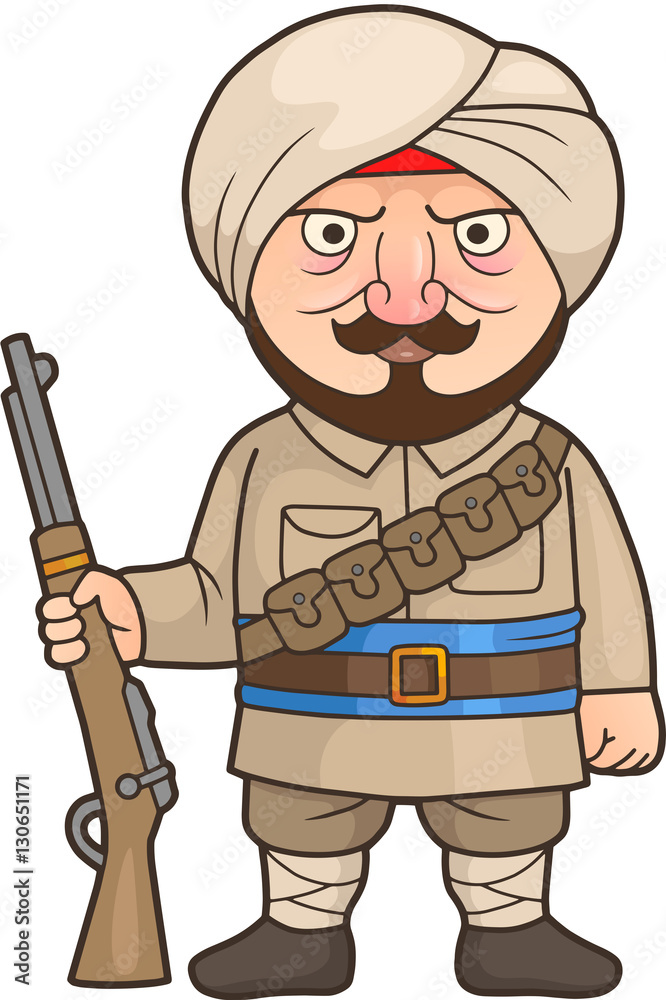Cartoon Indian soldier stands guard with a rifle in his hand Stock ...