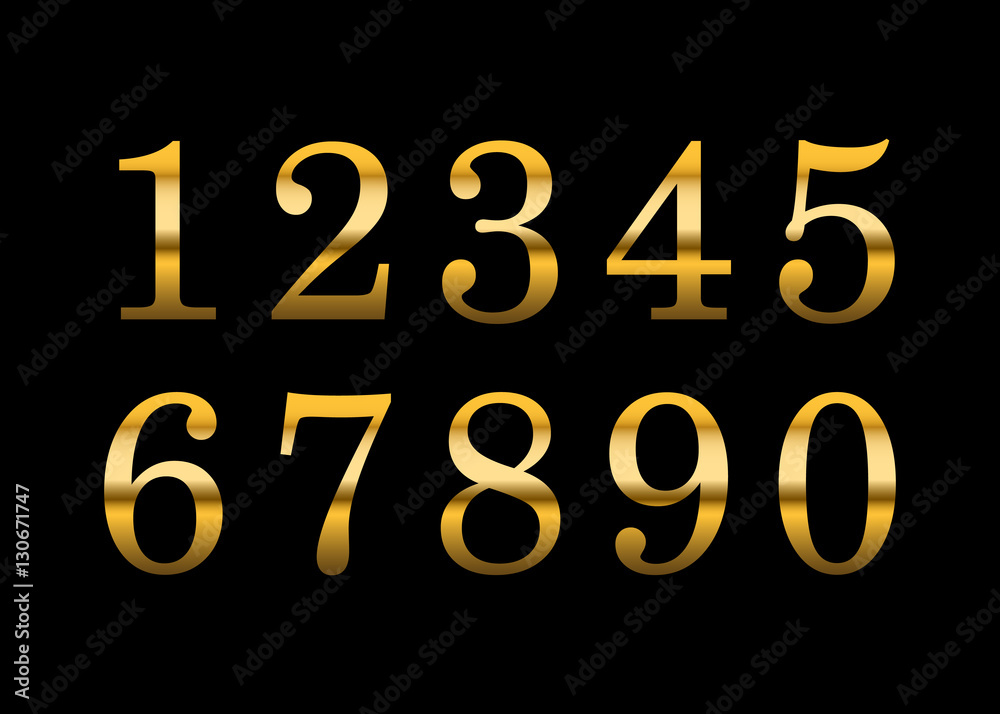 Gold 3d metallic numbers set. Golden metal texture font, isolated on ...