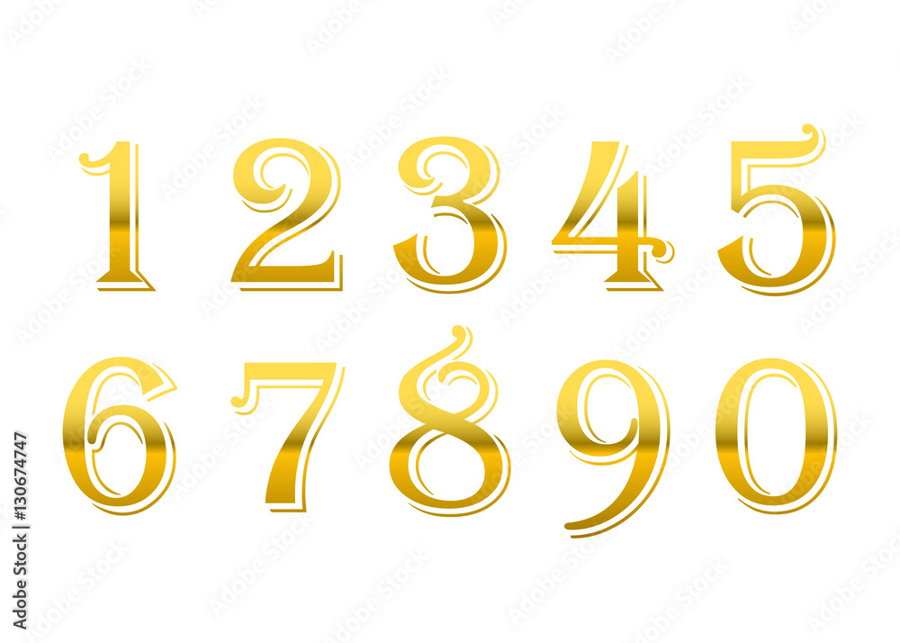 Gold 3d metallic numbers set. Golden metal texture font, isolated on ...