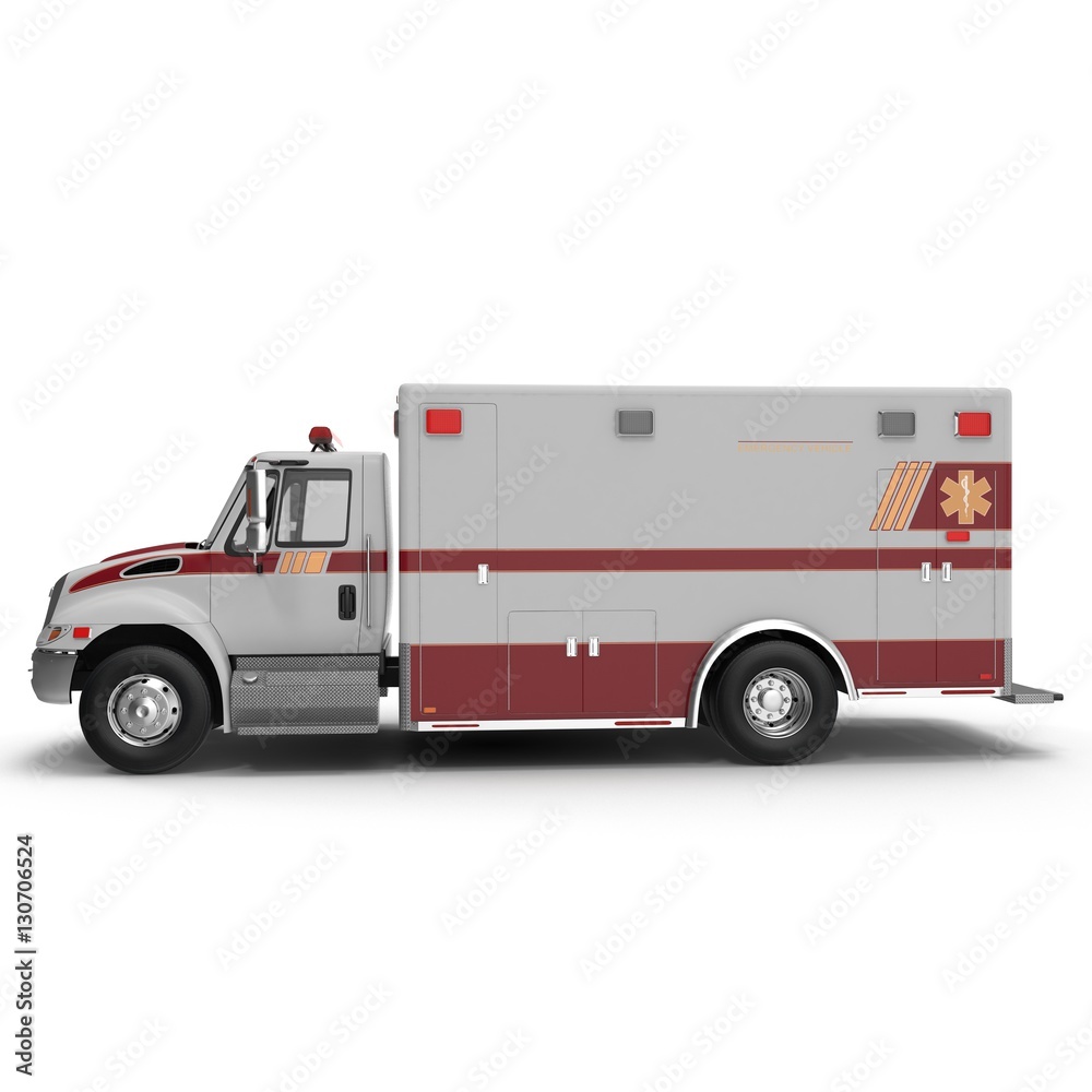 Side view Emergency ambulance car isolated on white. 3D Illustration ...