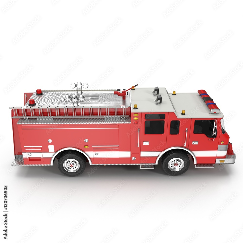 Side view Fire truck or engine Isolated on White. 3D illustration Stock ...